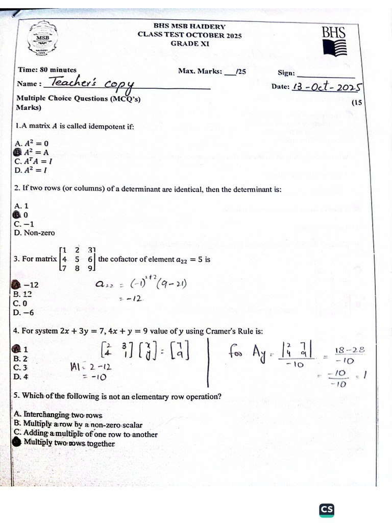 Mathematics Class Test October (Solutions) | PDF