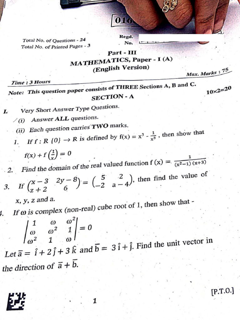 TS Inter 1st Year Maths 1A Mar 2024 Qp | PDF