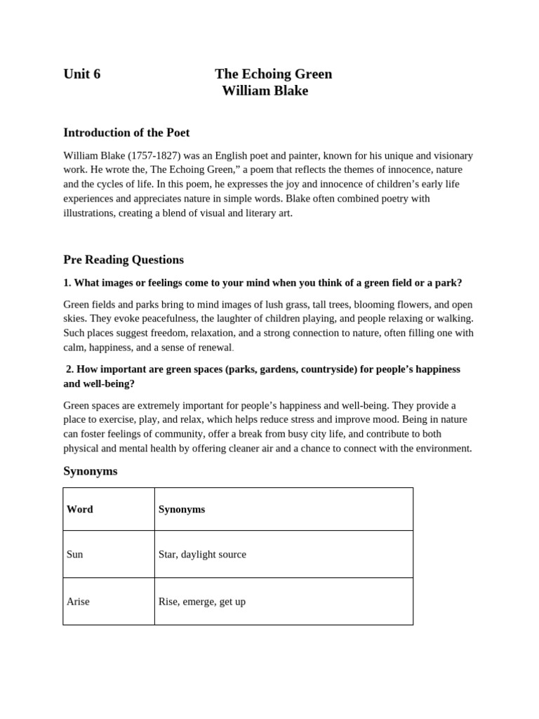 Unit 6 The Echoing Green | PDF | Poetry | Grammatical Tense