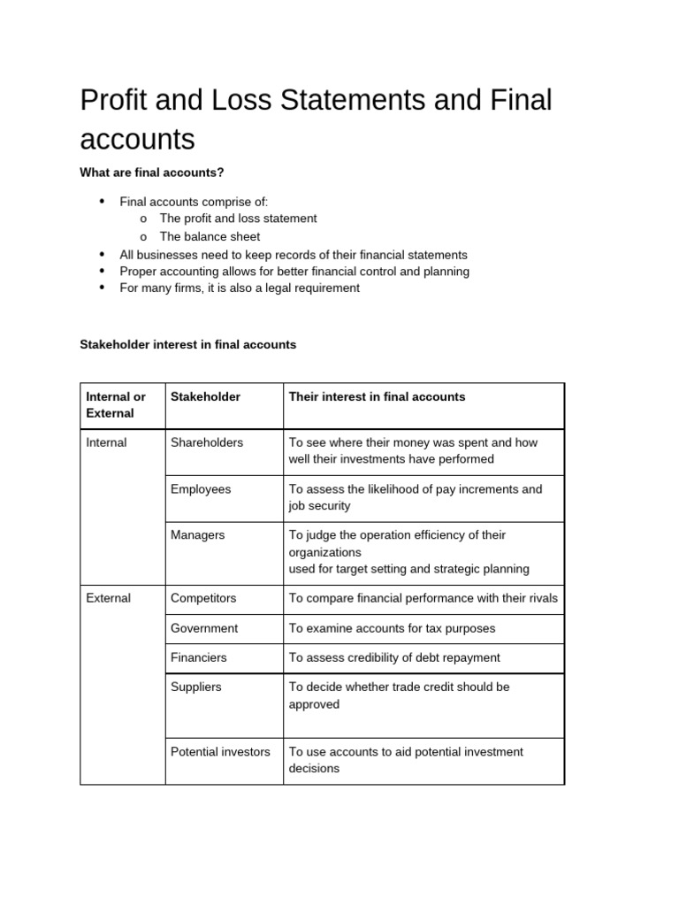 Profit and Loss Statement IB business class notes | PDF | Equity ...