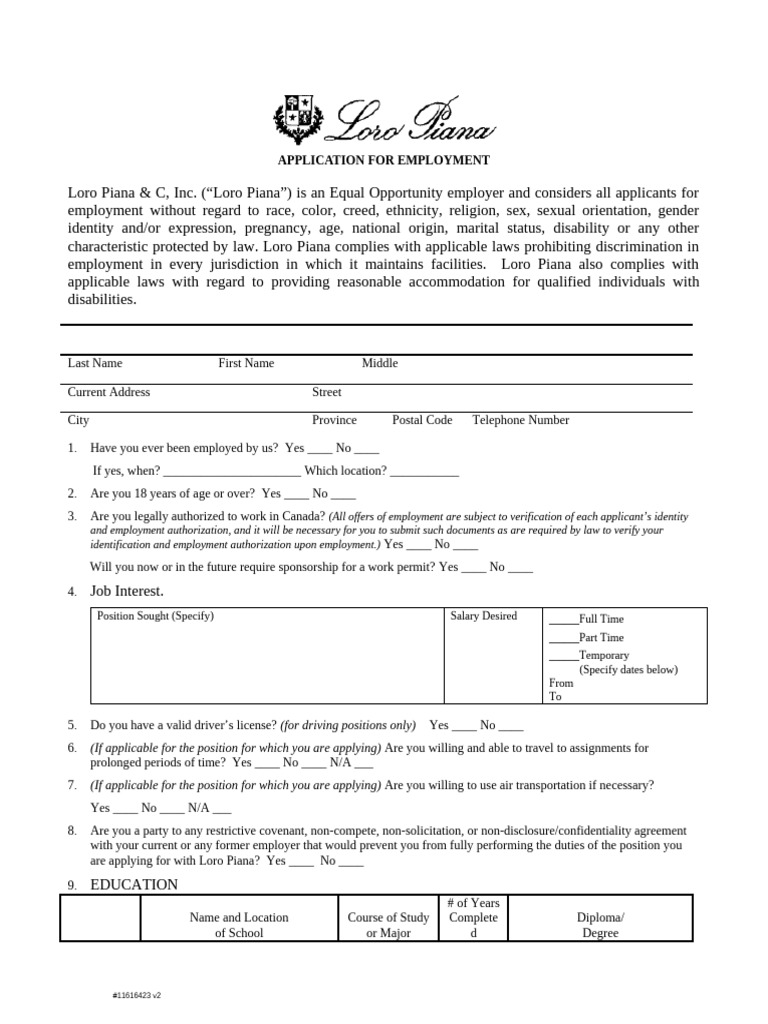 Loro Piana Employment Application Form | PDF | Employment | Identity ...