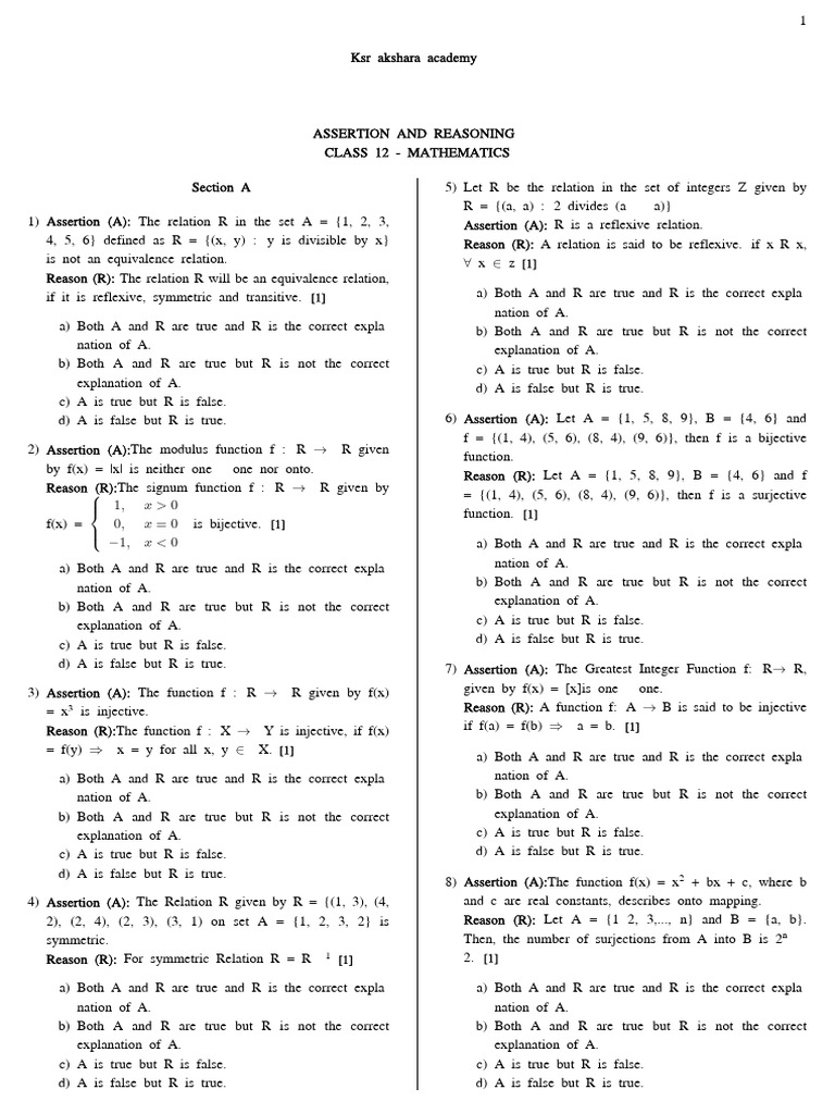 Assertion and Reasoning QP (Ch 1,2,3,4,11,12,13) | PDF | Function (Mathematics) | Functions And ...