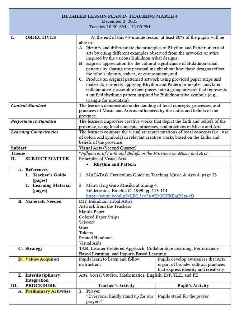 MAPEH 4 Visual Arts Lesson Plan | PDF | Pattern | Classroom