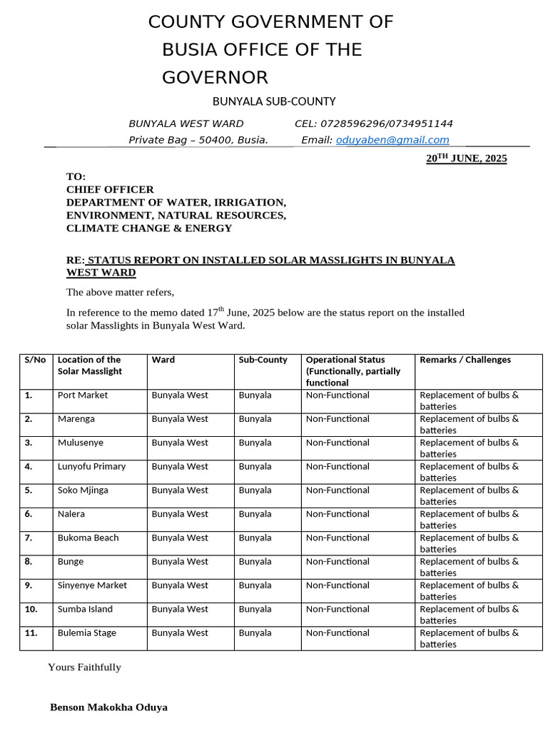 Bunyala West Ward Masslights Installation Status Report | PDF | Chess ...