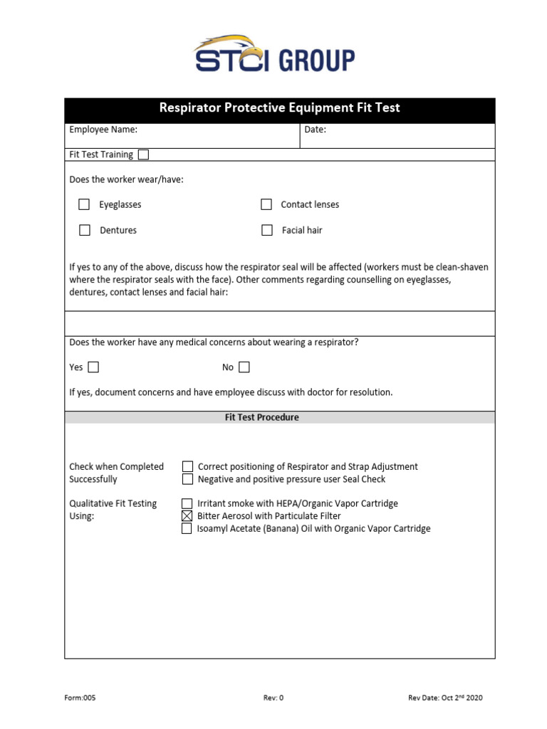 Form 005 Respirator Protective Equipment Fit Test Rev 0 Oct 2nd 2020 ...