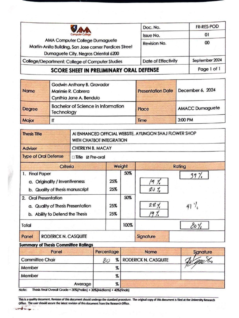 Score Sheet in Preliminary Oral Defense | PDF