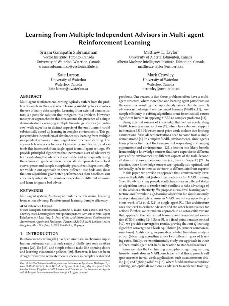 Multi-Agent Learning from Multiple Advisors | PDF | Applied Mathematics ...