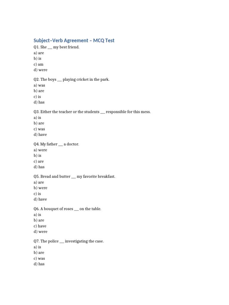 Subject Verb Agreement Test | PDF