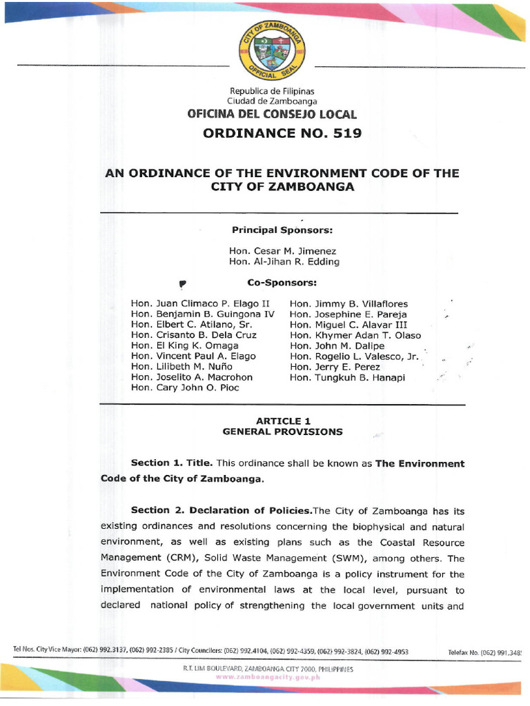 ZC Ordinance No. 519 Environment Code of Zamboanga City | PDF