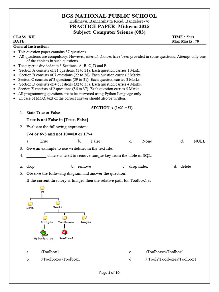 Practice Paper Computer Science Class 12 QP | PDF | Parameter (Computer ...