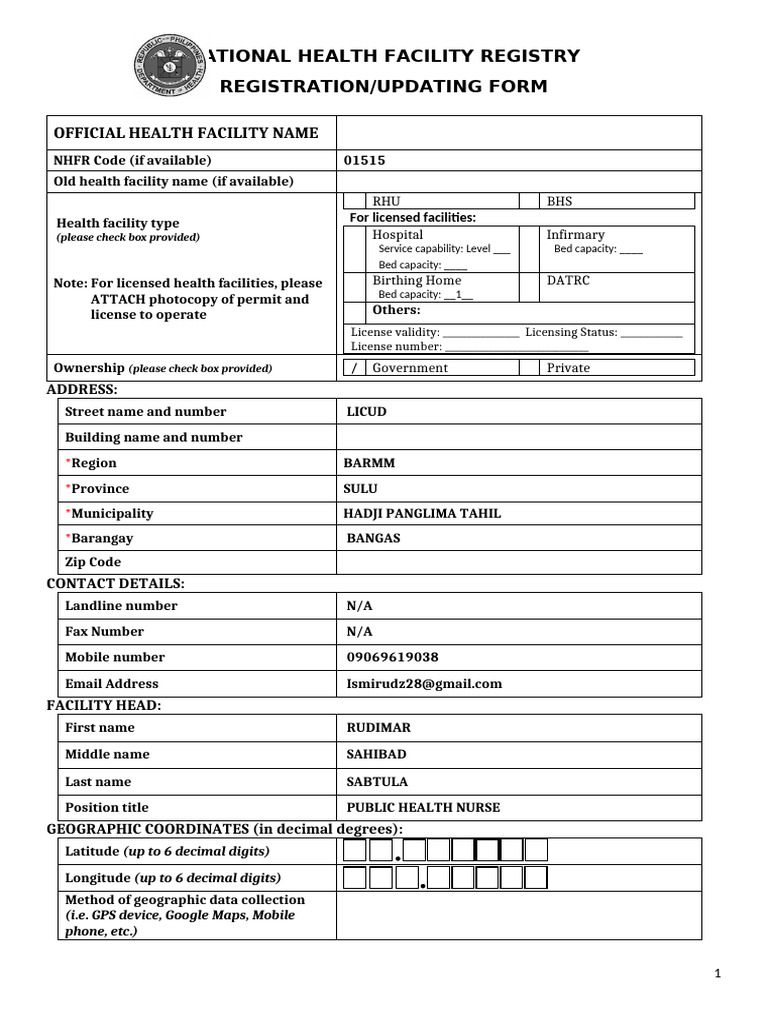 National Health Facility Registration Form | PDF | Telecommunications ...