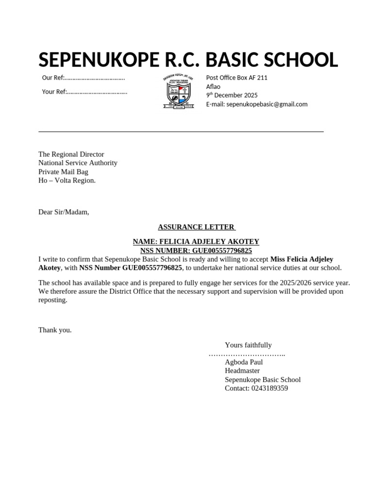 Assurance Letter for NSS Placement | PDF