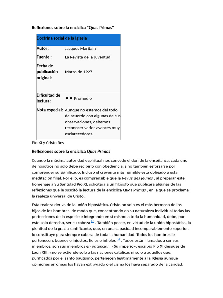 Reflexiones sobre "Quas Primas" de Maritain | PDF | Iglesia Católica ...