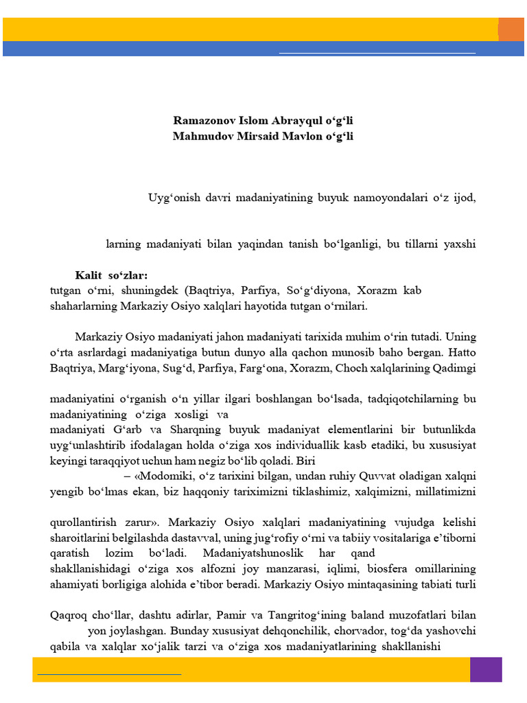 Markaziy Osiyo Xalqlarining Qadimgi Madaniyati Ramazonov Islom Abrayqul ...