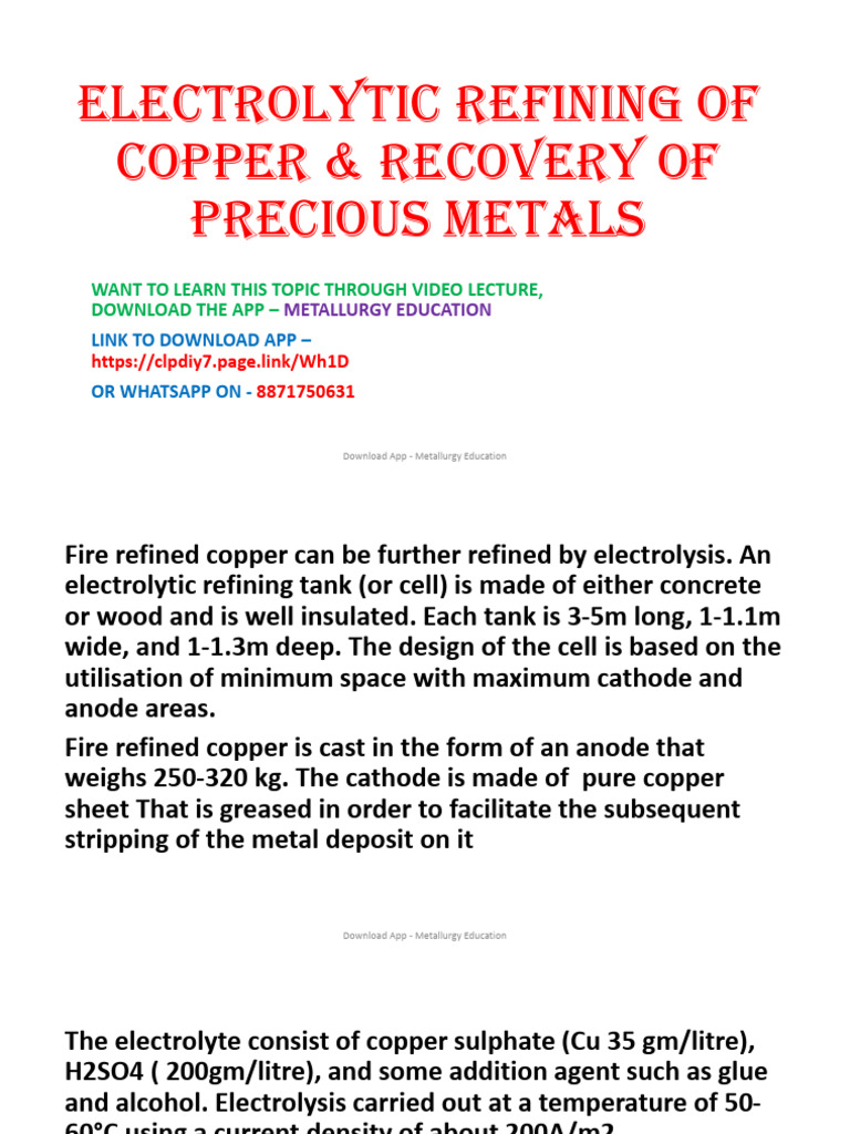 Copper Electrolytic Refining Process | PDF