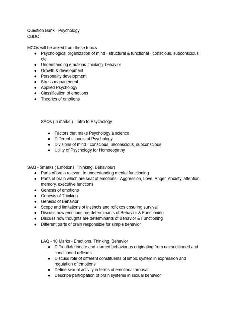 Psychology Question Bank MCQs & SAQs | PDF | Emotions | Psychology