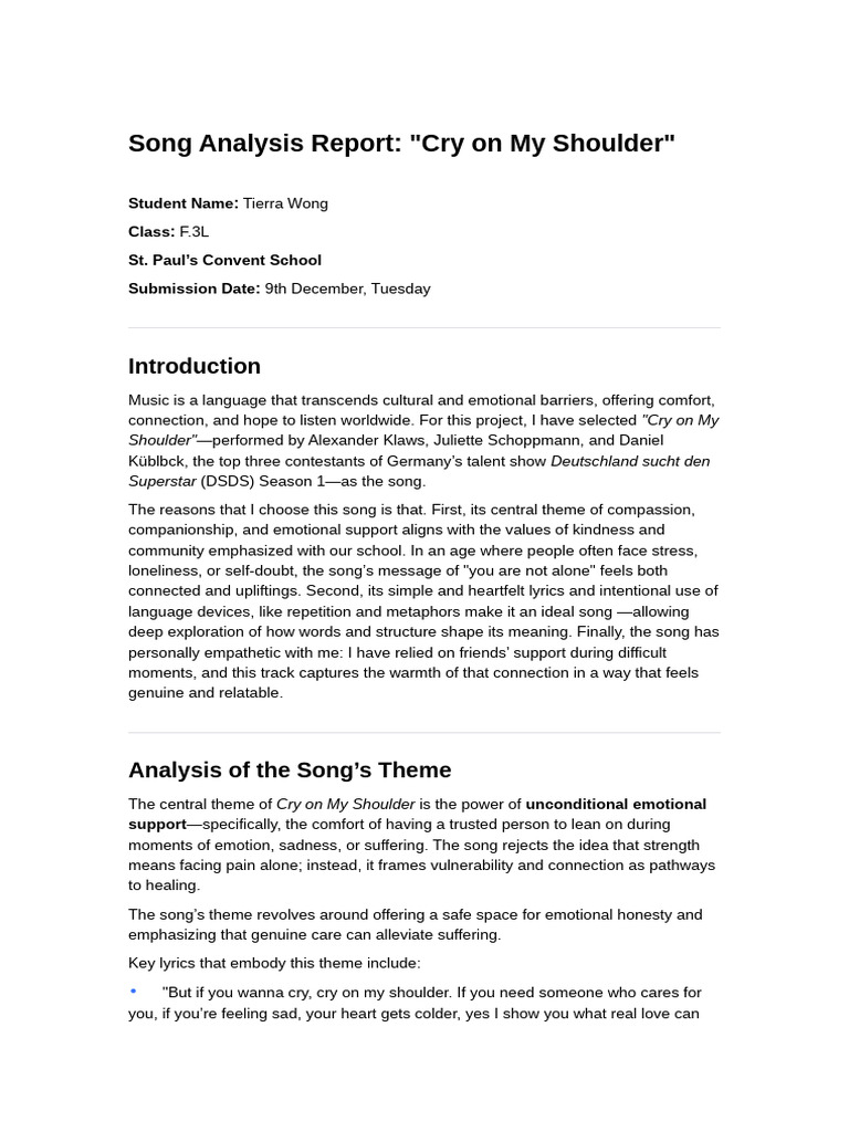 Song Analysis Report - Cry On My Shoulder | PDF | Empathy | Love