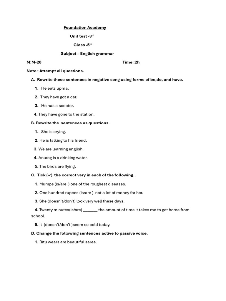 5th Grade English Grammar Unit Test | PDF | English Grammar | English ...
