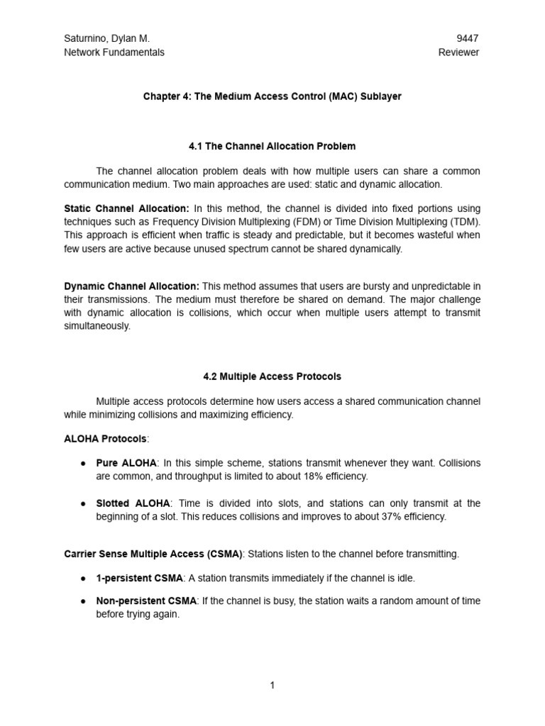 Chapter 4 The Medium Access Control Sublayer Reviewer | PDF | Computer ...