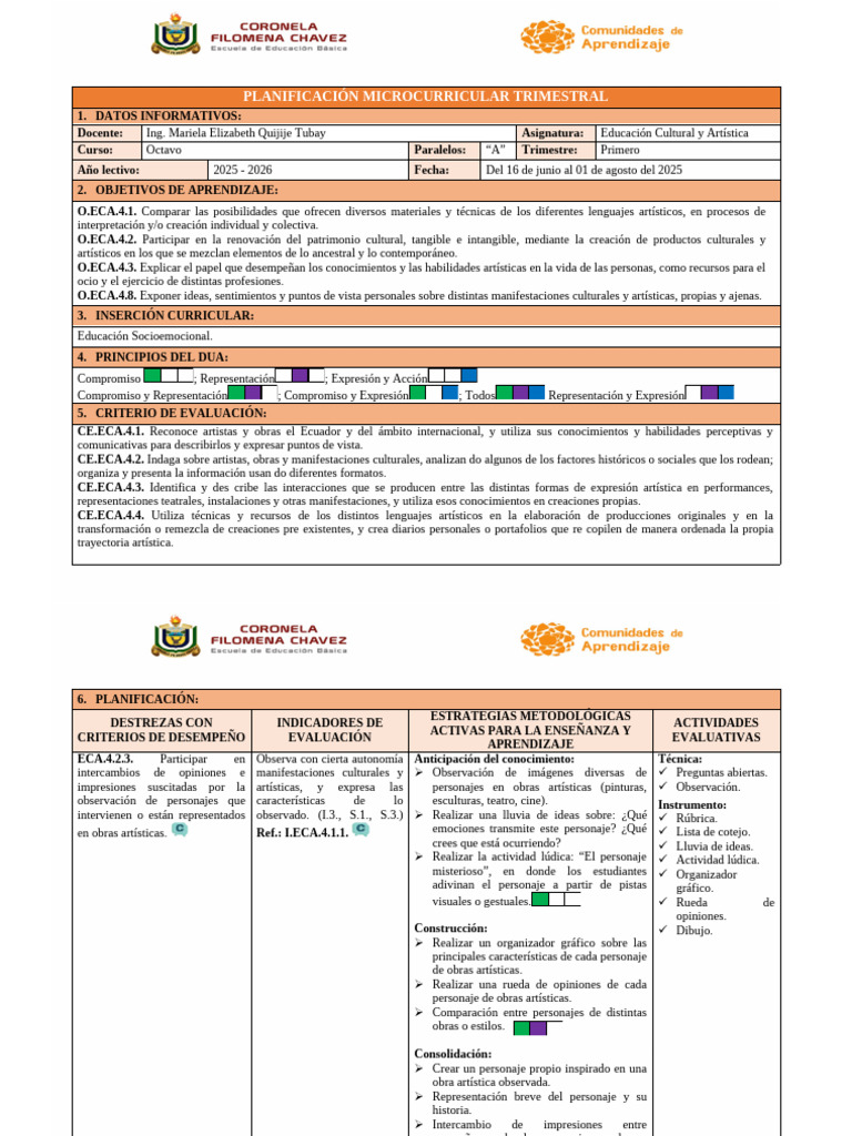 Planificación Microcurricular ECA 2025-2026 | PDF | Las emociones ...