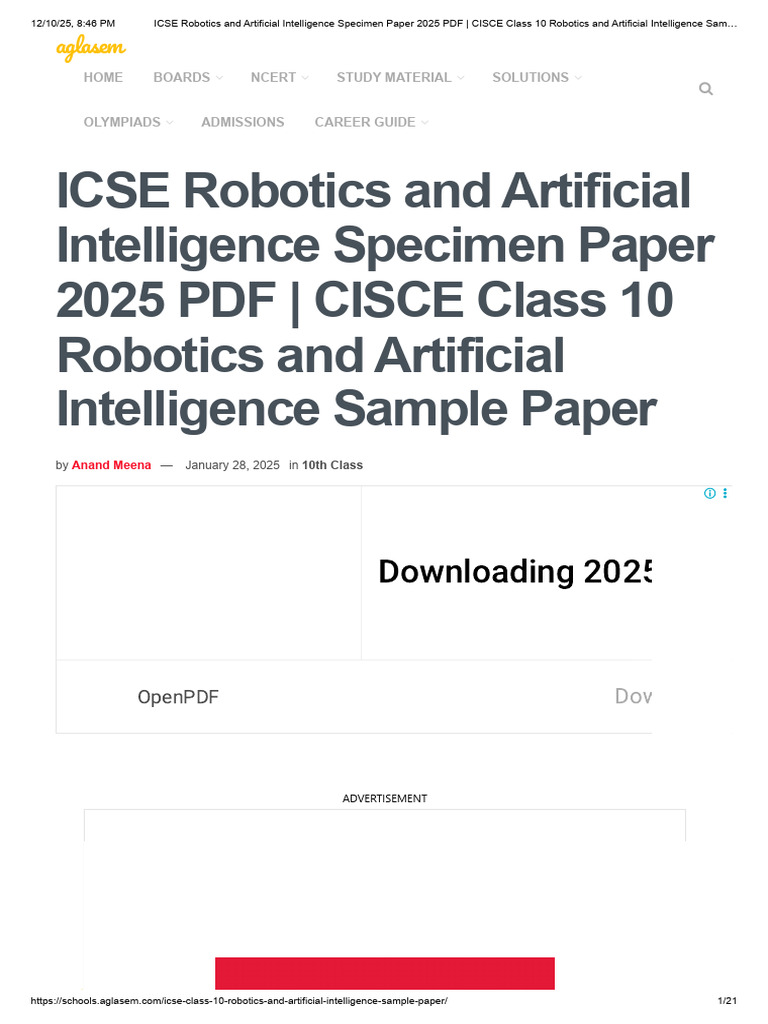 ICSE Robotics and Artificial Intelligence Specimen Paper 2025 PDF ...