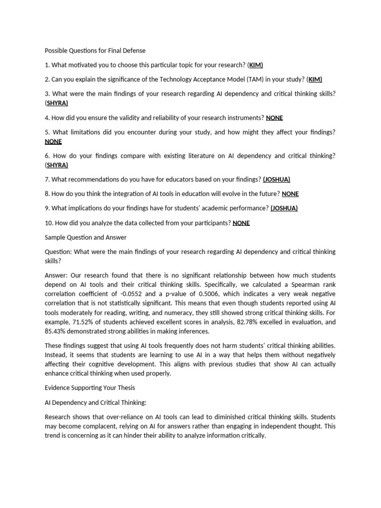 Possible Questions For Final Defense | PDF | Critical Thinking ...