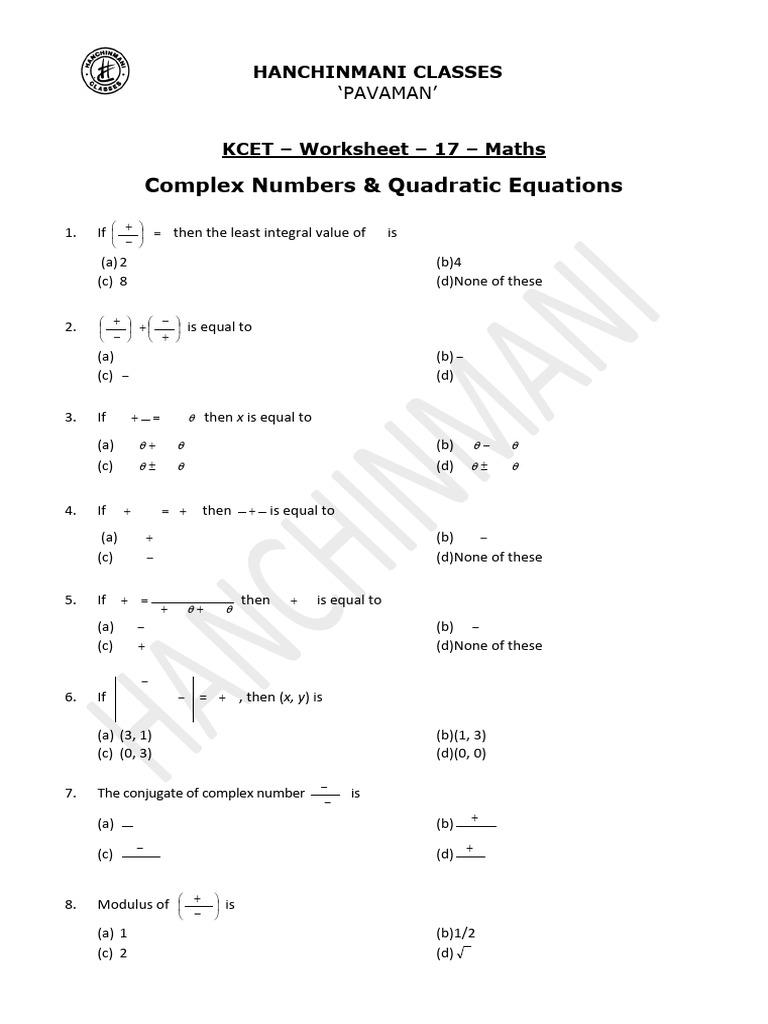 KCET Worksheet 17 Maths Complex Numbers & Quadratic Equations | PDF ...
