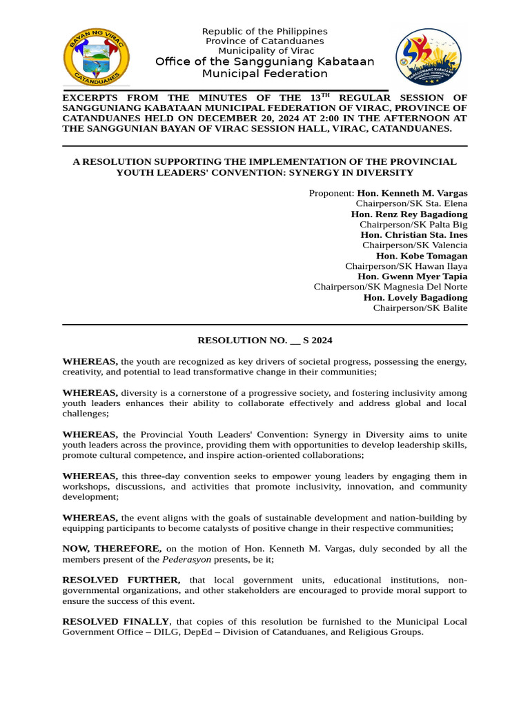 Youth Leaders' Convention Resolution 2024 | PDF