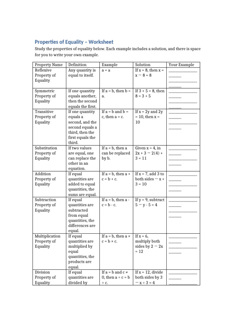 Properties of Equality Worksheet | PDF | Multiplication | Mathematics