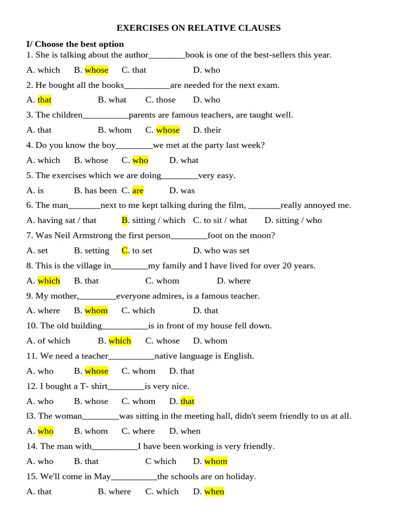 EXERCISES ON RELATIVE CLAUSES | PDF