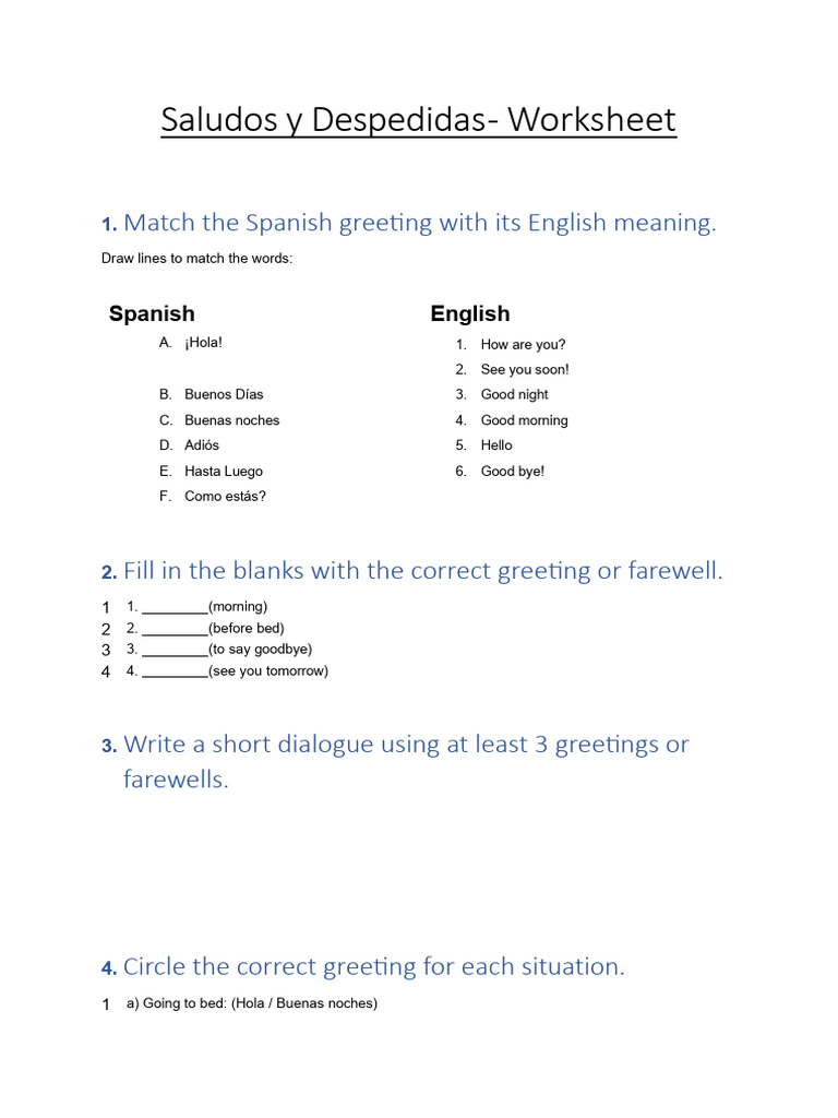 Spanish Greetings and Farewells Worksheet | PDF