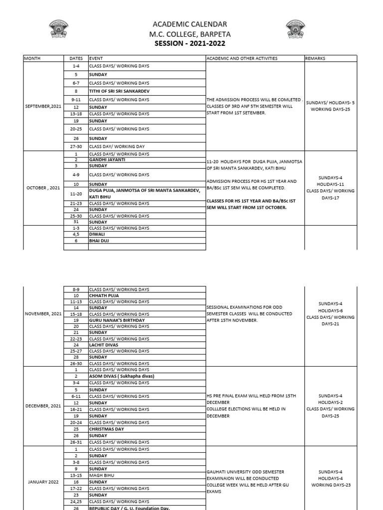 Academic Calender For The Session 2021-22 | PDF | Academic Term ...