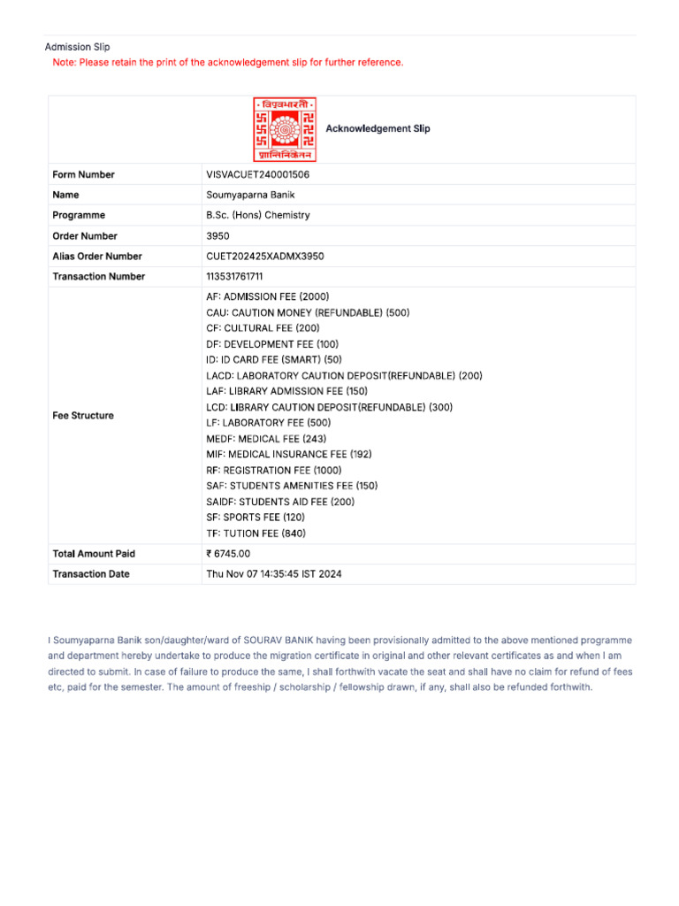 Chemistry Payment Acknowledgement Slip | PDF