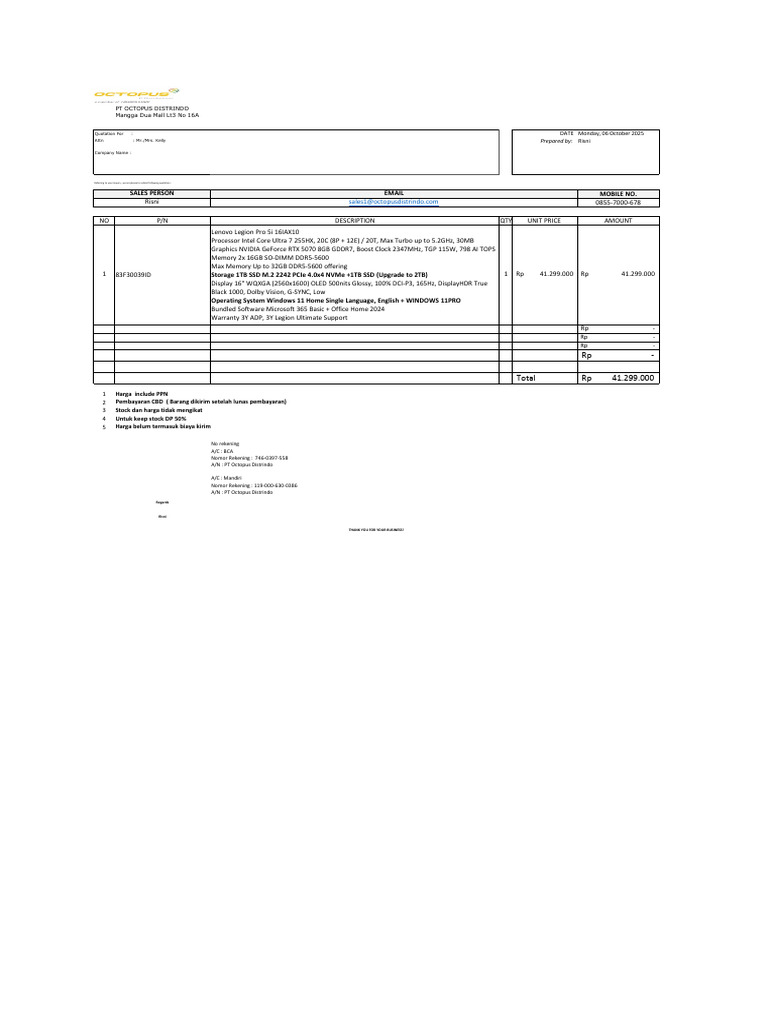 Quotation Legion Pro 5 16IAX10 | PDF | Computer Hardware | Personal Computers