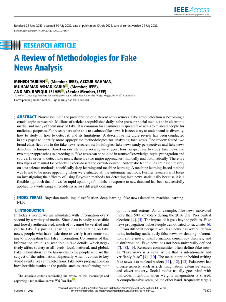F MI_2023_07_A Review of Methodologies for Fake News Analysis | PDF | Support Vector Machine ...