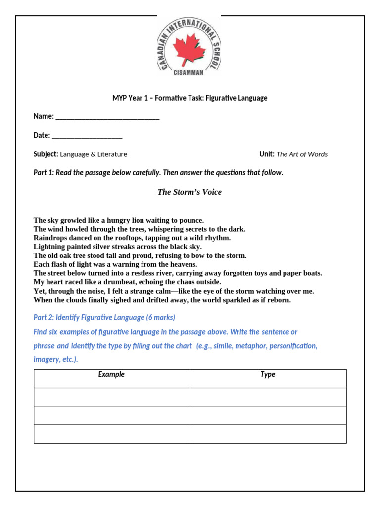 Grade 6 Figurative Language Assessement 1 | PDF | Metaphor | Linguistics