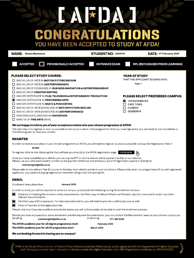 HC Acceptance - Qhama Myokwana 12505310 | PDF