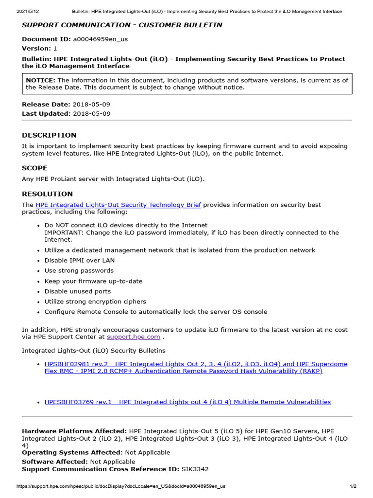 Bulletin_ HPE Integrated Lights-Out (iLO) - Implementing Security Best ...