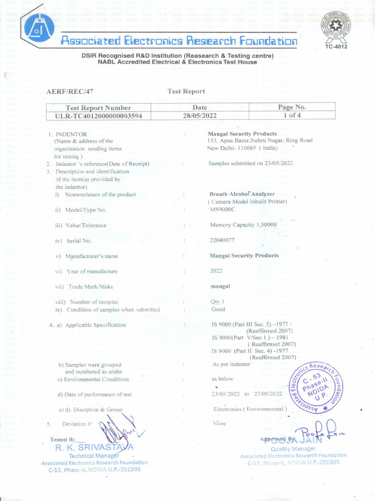 Alcohol Bredth Any Nabl Test Report | PDF