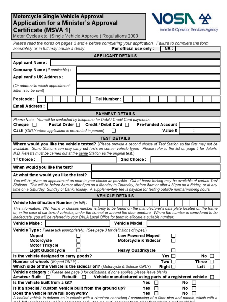 Application For Ministers Approval Certificate For Vehicles (MSVA 1 ...