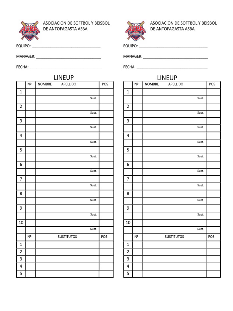 Lineup de Softbol y Beisbol ASBA | PDF
