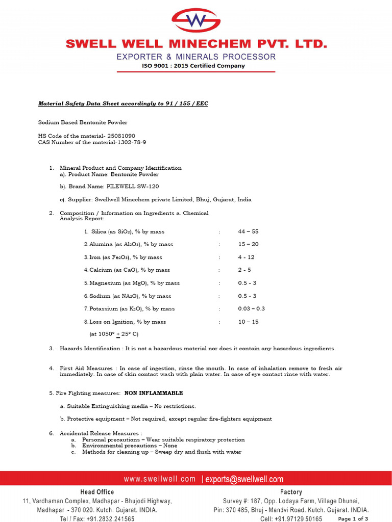 Bentonite Msds Cds - Pilewell Sw-120 | PDF | Water | Sodium