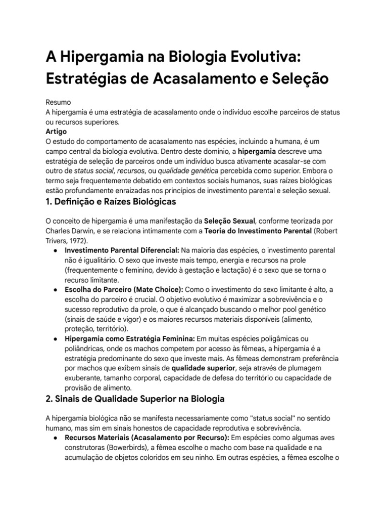 Hipergamia: Estratégia de Acasalamento Evolutivo | PDF | Seleção ...