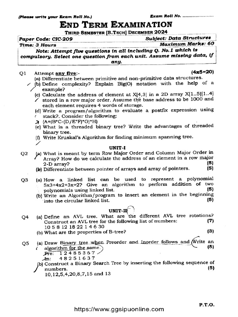 Btech Cic 3 Sem Data Structures Cic 209 Dec 2024 | PDF
