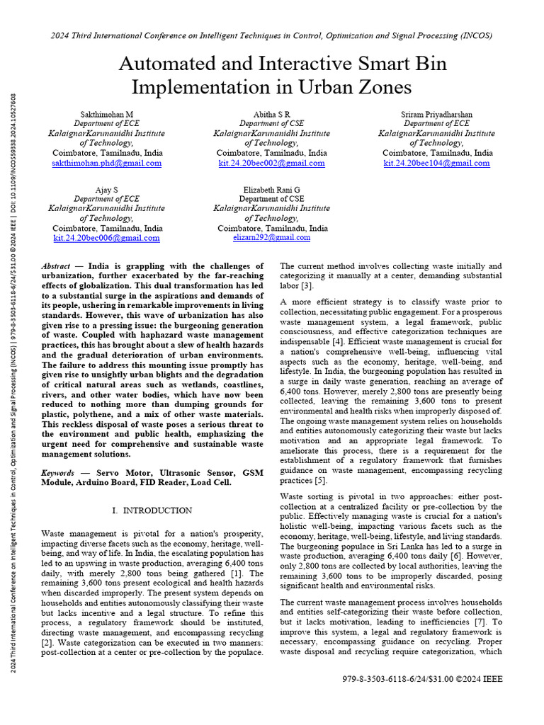 Automated and Interactive Smart Bin Implementation in Urban Zones | PDF ...