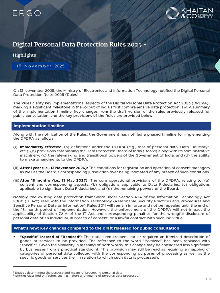 ERGO - Digital Personal Data Protection Rules - 15 November 2025 | PDF | Fiduciary | Consent