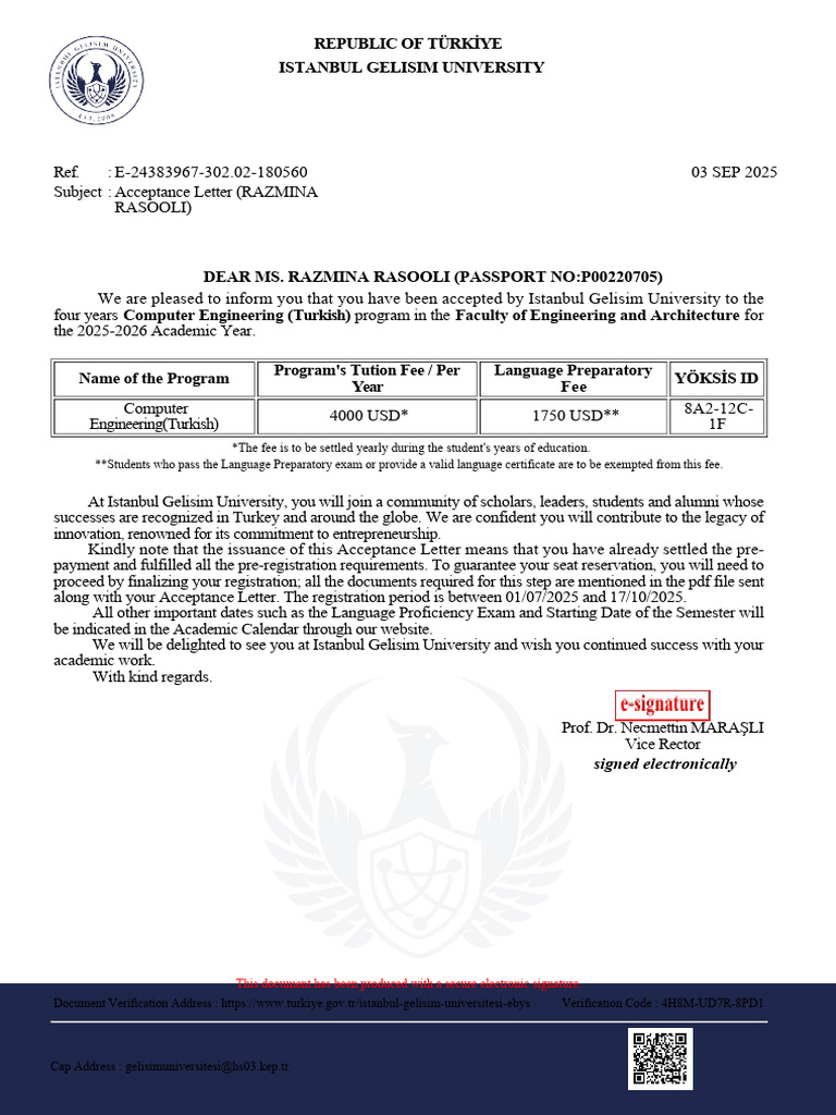 Acceptance Letter for Computer Engineering | PDF
