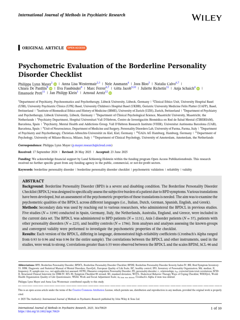 Psychometric Evaluation of The Borderline Personal | PDF | Borderline ...
