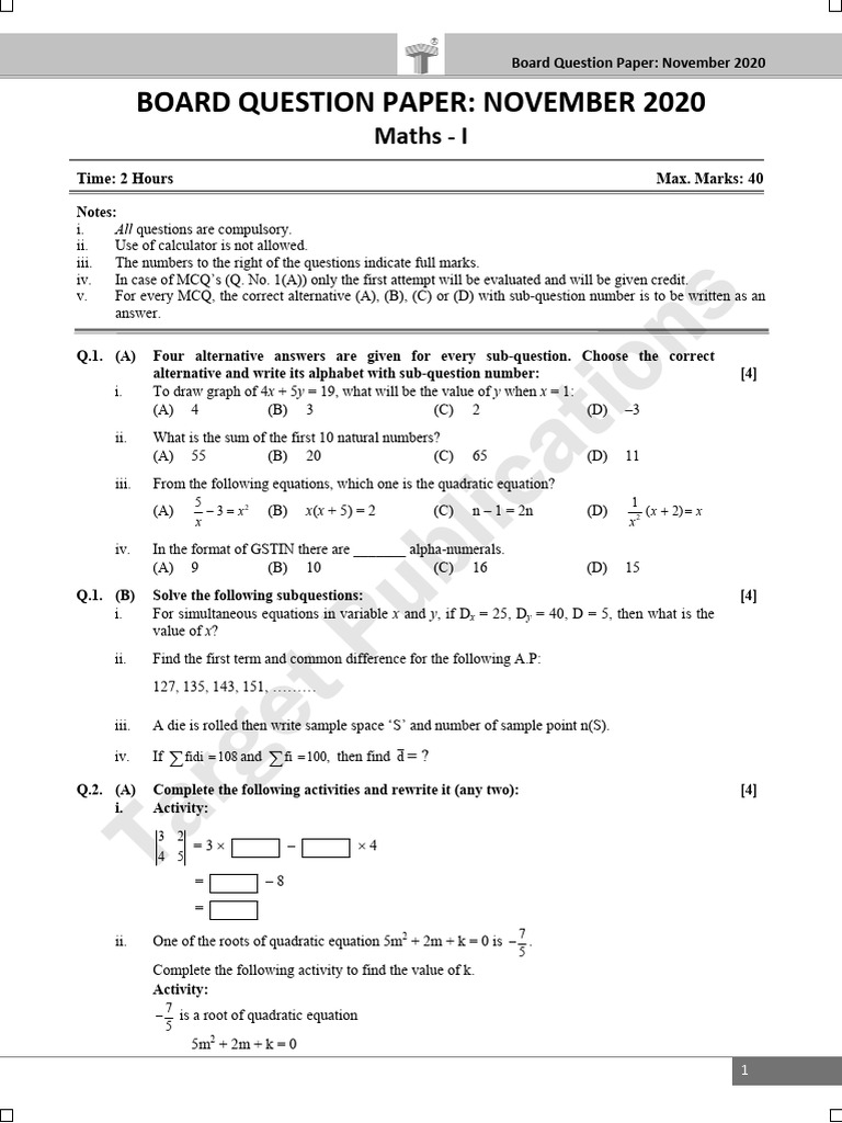 10 Board Question Paper Maths I November 2020_6598_251202_001344 | PDF ...