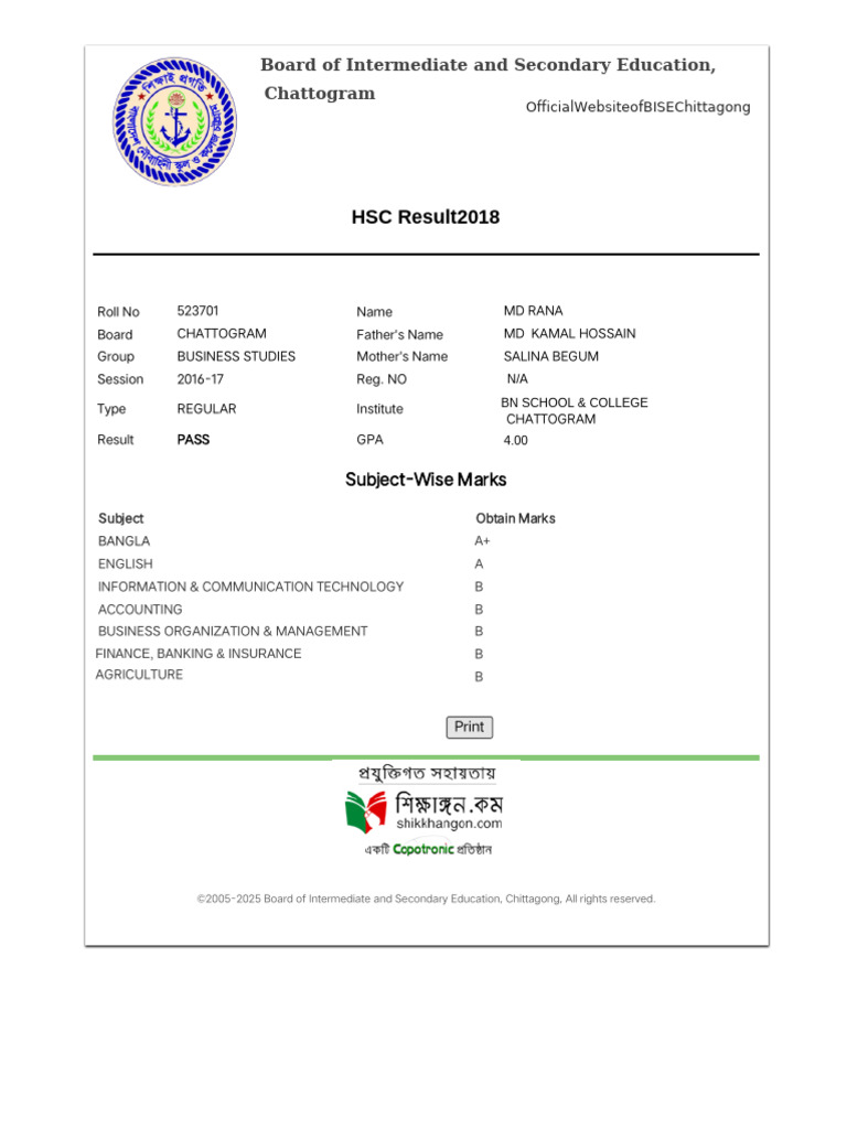 HSC Result BISE Chittagong | PDF